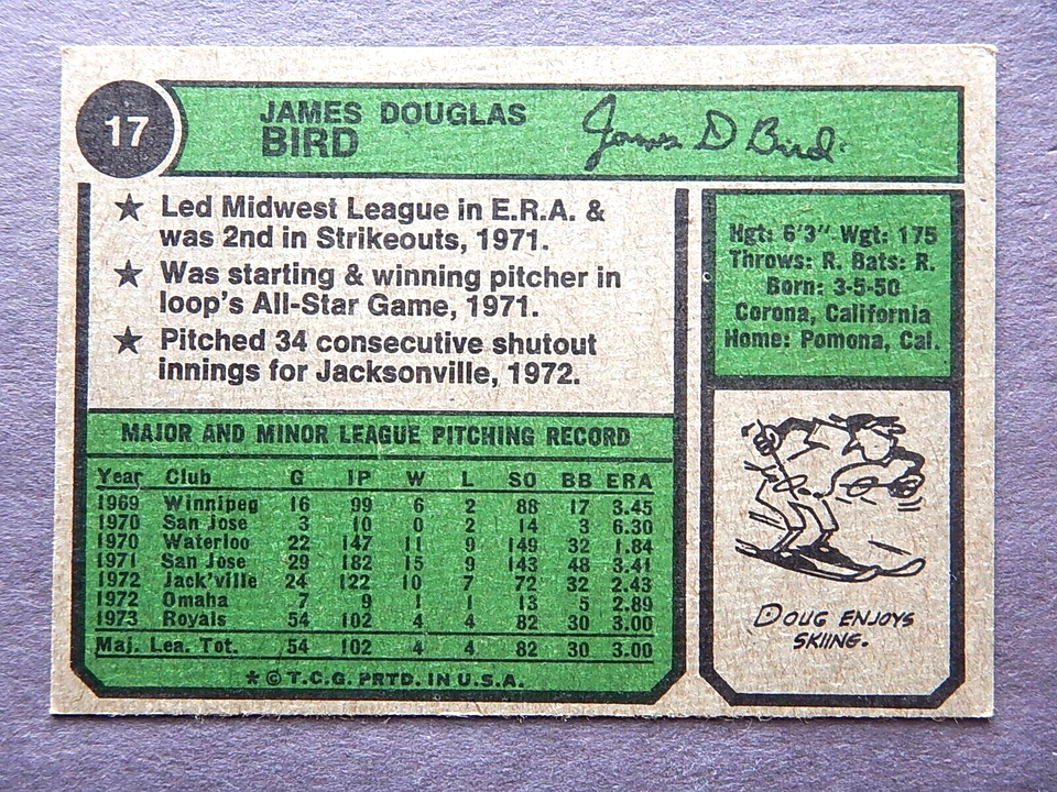 Doug Bird #17 Topps 1974 Baseball Card (Kansas City Royals) *VG | eBay