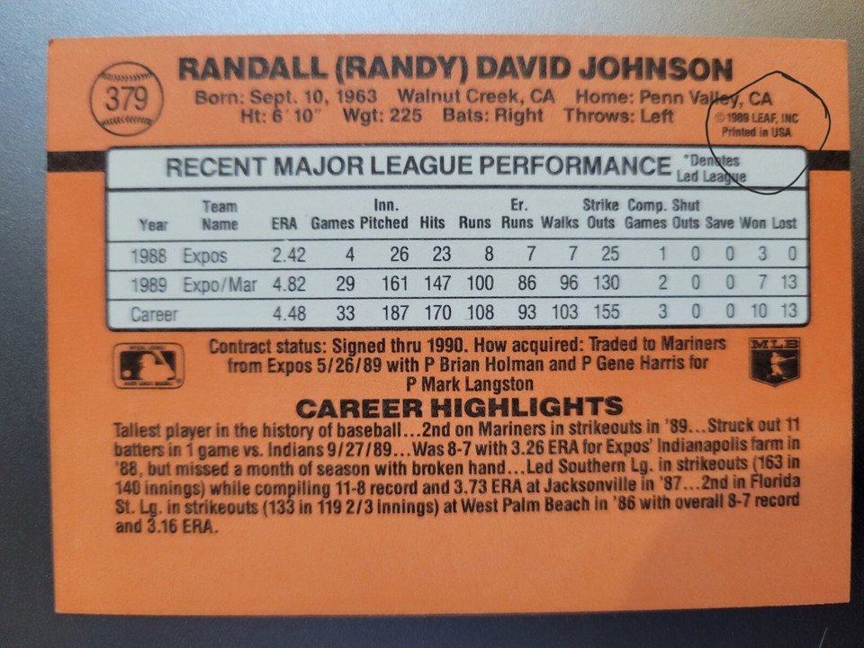 1990 Donruss Rare Error Baseball Card #379 Randy Johnson- Mariners-NrMT ...