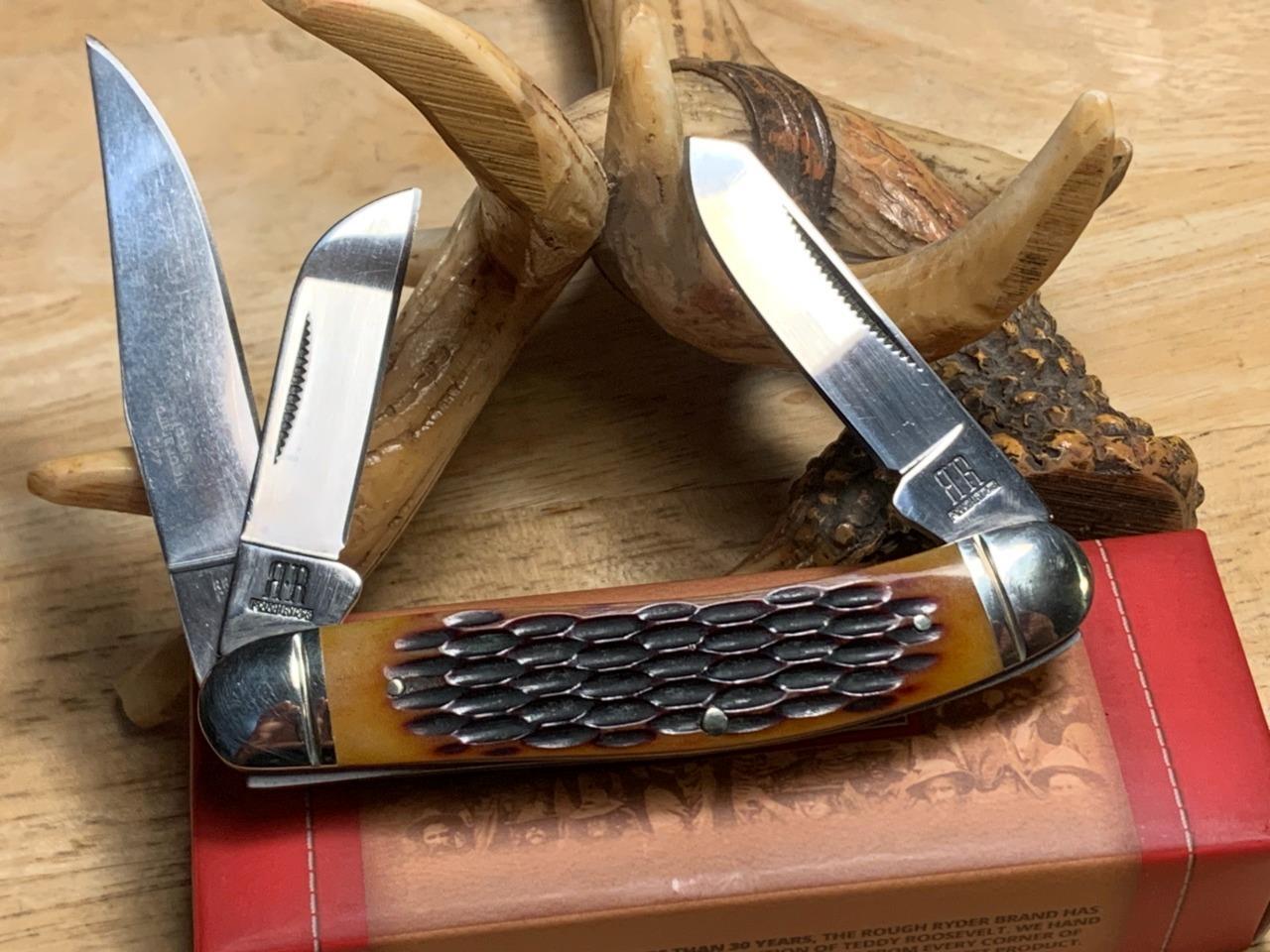 Rough Ryder Amber Jigged Bone Sowbelly Stockman 3 3/4" Pocket Knife ...