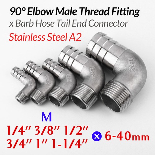 Stainless Steel A2 90° Elbow Male Thread Fitting x Barb Hose Tail End ...