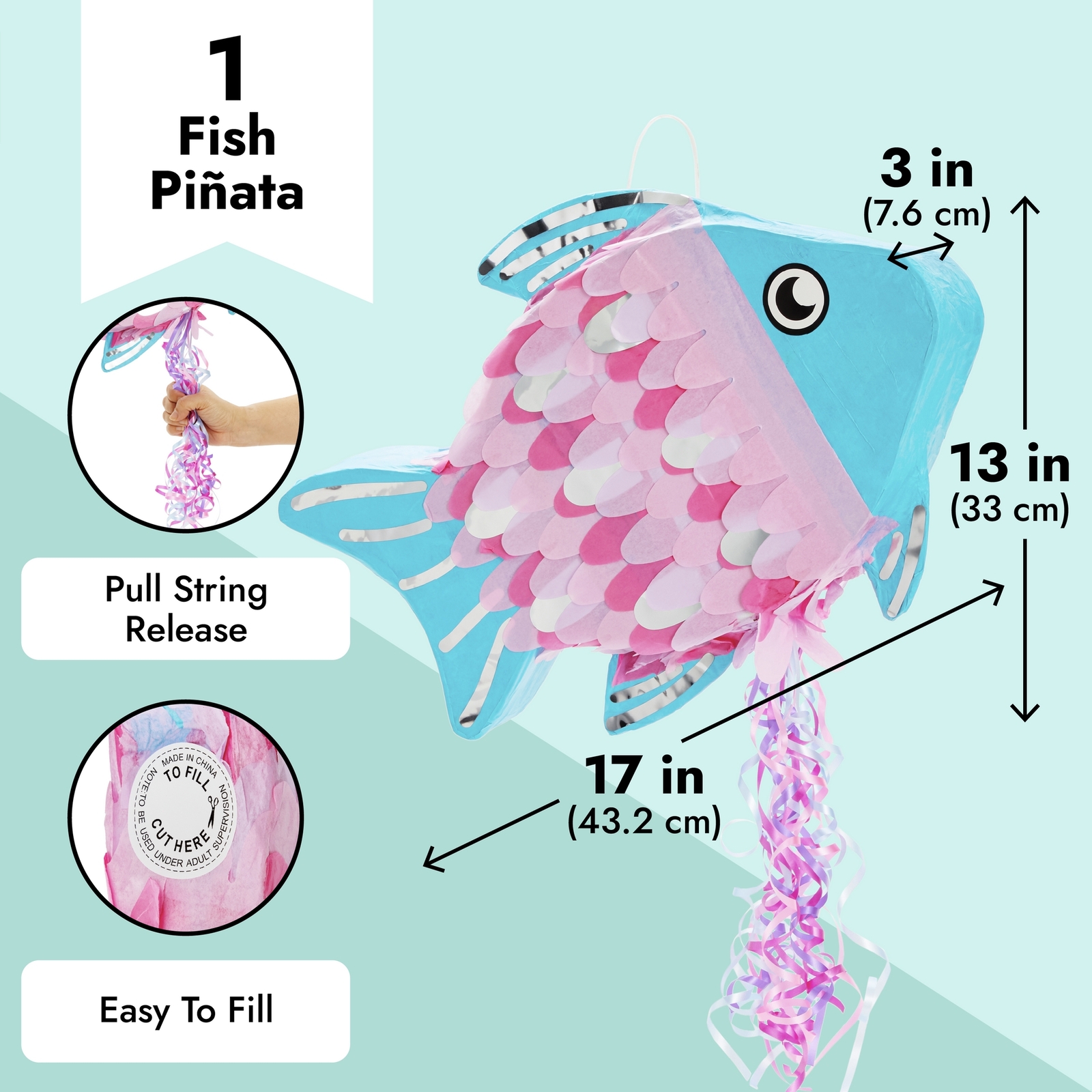 Pull String Fish Pinata for Ocean Birthday, Mermaid Party Decorations ...