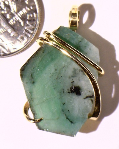 16.5ct Rare Emerald Crystal Slice in 14kt Gold Hand Forged Wire Wrap ...