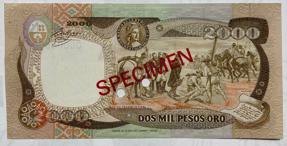 2000 Pesos Oro Specimen Banknote 1985 Old Colombian World Paper Money ...