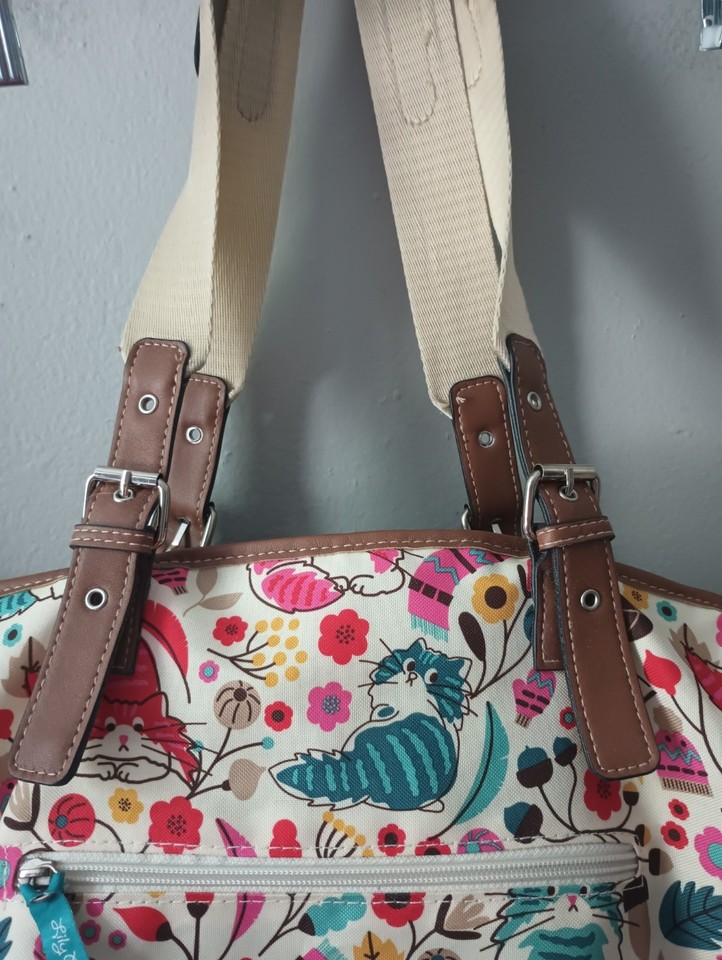 Lily Bloom Triple Section Landon Satchel Bag Cats Floral Colorful Woven ...