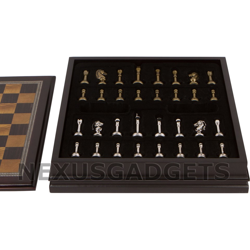 Gris Chess Board Game Set Wood Wooden Inlaid Storage METAL Pieces 12 ...