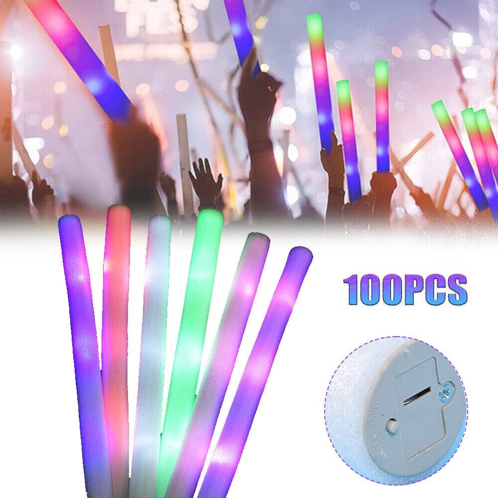 100X LED Light up 16 inch Multicolor Glow Foam Stick Cheer Tube Soft ...