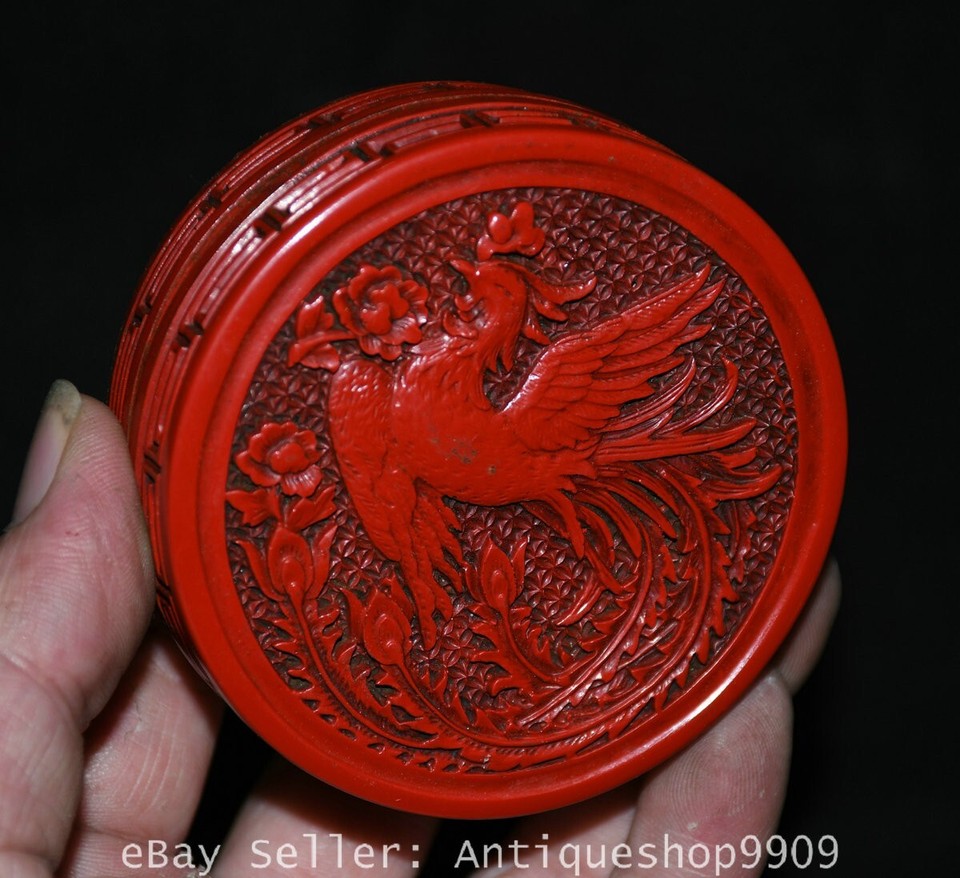 3.4" Old Chinese Wood Carving Phoenix Bird Flower Red lacquerware Round ...