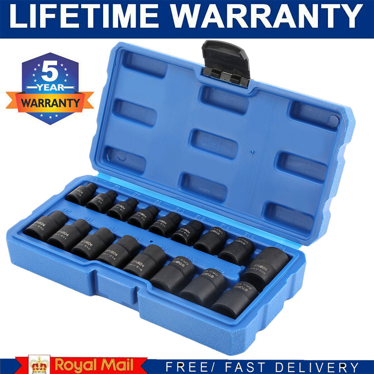 Female Impacted E Torx Star Sockets E5 - E24 3/8" and 1/2" Drive 17pc ...