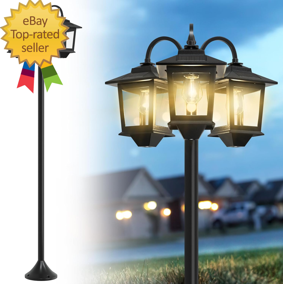 73" Aluminum Solar Lamp Post Light, 3-Head Solar Light Posts for ...
