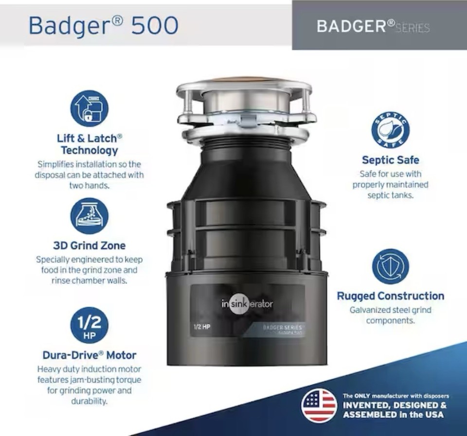 InSinkErator Badger 500 1/2 HP STANDARD SERIES Kitchen Garbage Disposal ...