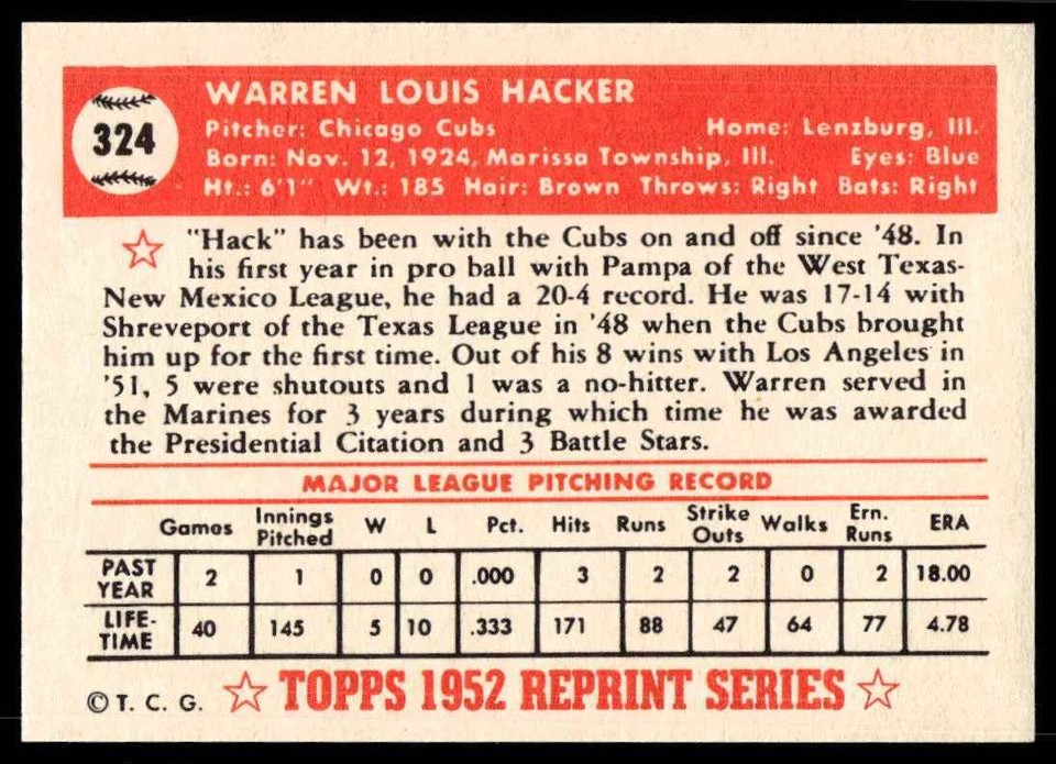 1983 Topps 1952 Reprint Series Warren Hacker Chicago Cubs #324 | eBay