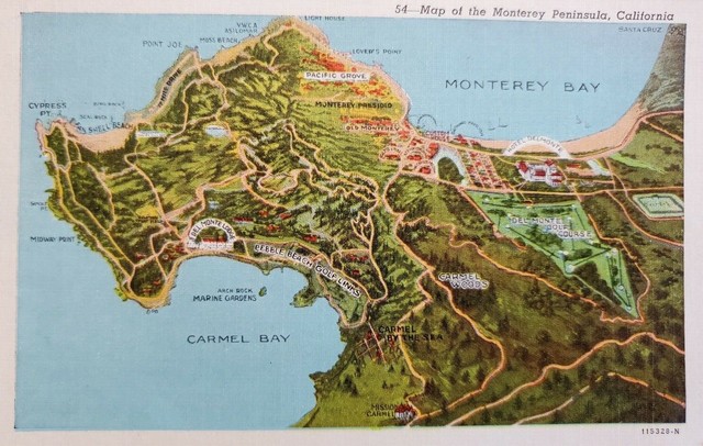 Vintage Postcard - Map of Monterey Peninsula, Carmel Bay, CA Linen ...