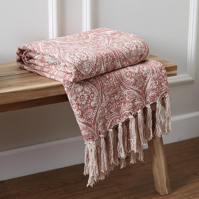 Paoletti Durelle Cotton Tasselled Throw, Damask Pattern, 130 x 170cm ...