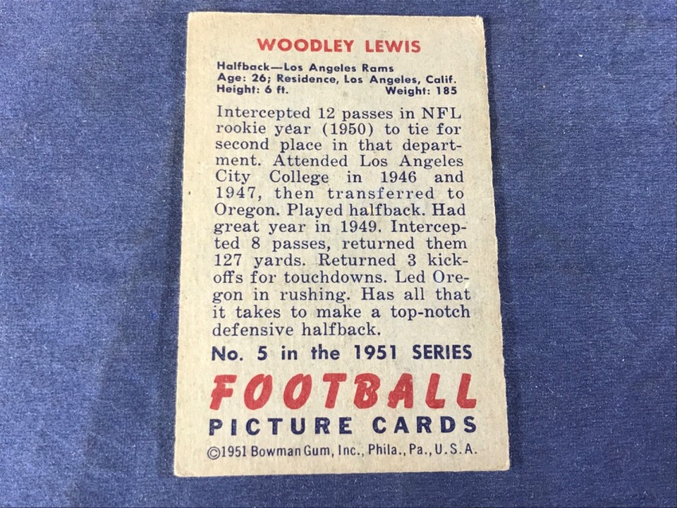 M4-73 FOOTBALL CARD - WOODLEY LEWIS LOS ANGELES RAMS - 1951 BOWMAN ...