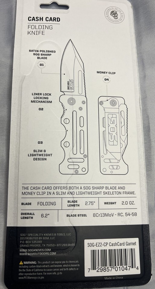 SOG Cash Card Garnet Folding Knife Steel Satin w/ Money Clip Red - SOG ...