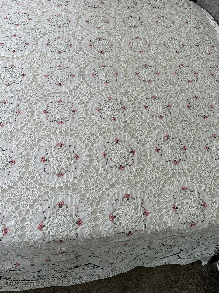 Vintage Antique Bedspread White Crochet Embroidered Linen Cotton King ...