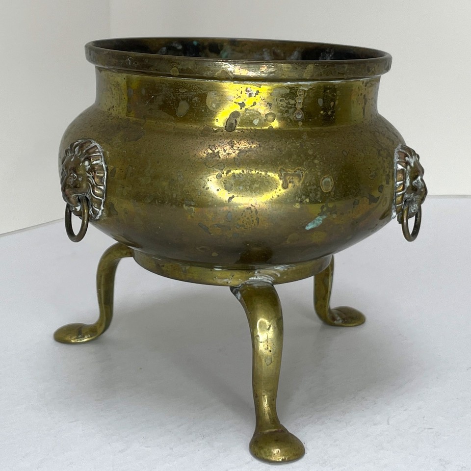 Vintage Brass Lion Head Planter – Footed Jardinière with Ring Handles ...