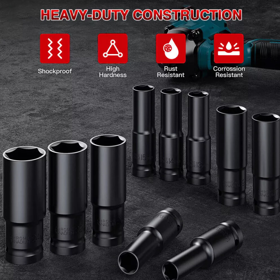 20PCS 1/2''Deep Impact Sockets Set Drive Metric 8mm-32mm Deep 6-Point ...