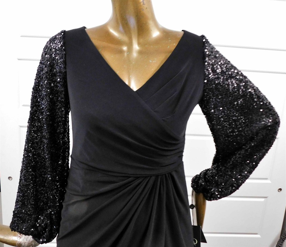 New Adrianna Papell Black Ruched Front Sequin Arm Dress sz 8 | eBay