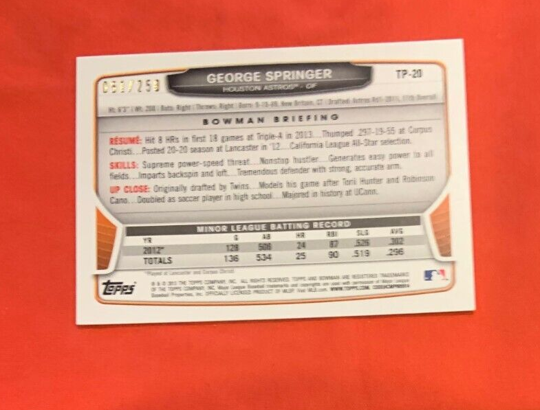 2013 Bowman Draft #TP-20 George Springer Orange Parallel 051/250 Top ...