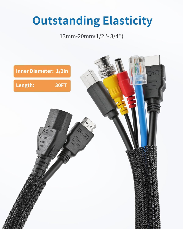 30Ft - 1/2 Inch Cable Sleeve, Split Braided Wire Loom Tubing for TV ...