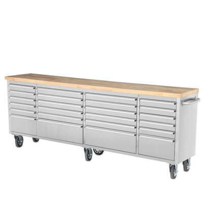 96" Brushed Stainless Steel 24 Drawer Extra Large Work Bench Tool Chest ...
