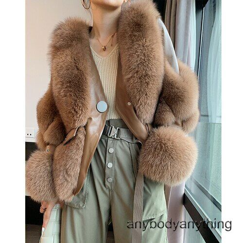 Winter Luxury Women Real Fox Fur Coat Sheepskin Leather Jacket Overcoat ...