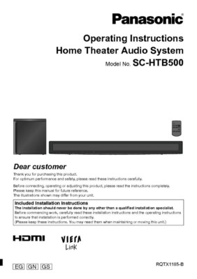 Panasonic SC-HTB500 Home Theater System Owners Instruction Manual ...