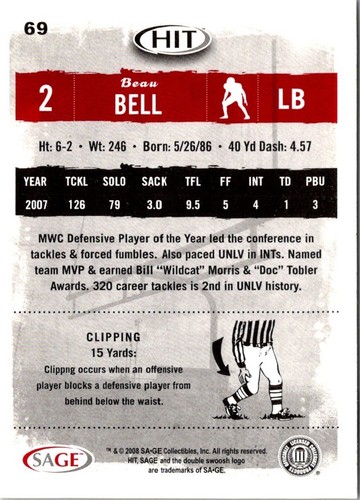 2008 SAGE HIT Beau Bell #69 UNLV Rebels Football Card | eBay