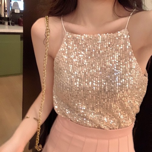 Ladies Sequin Camisole Glitter Vest Strappy Sleeveless Slim Sexy Top ...