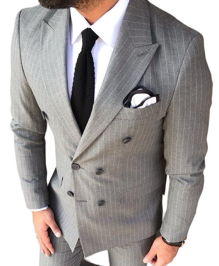 Designer Two Rows of Buttons Suit Gray White Pinstripe Mock Turtlenecks ...