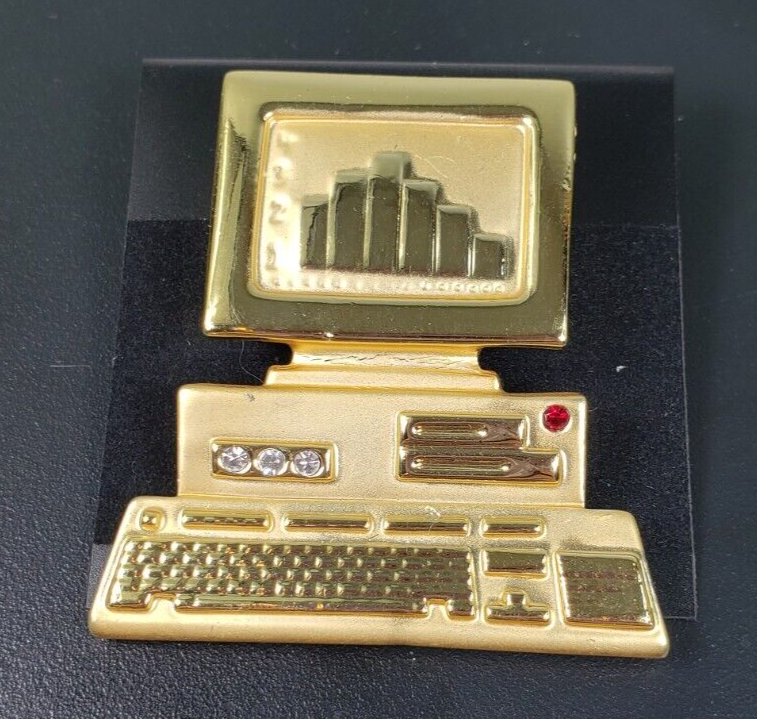 Vintage AJC Signed Desktop Computer w/Rhinestons Pin Brooch Gold Tone ...