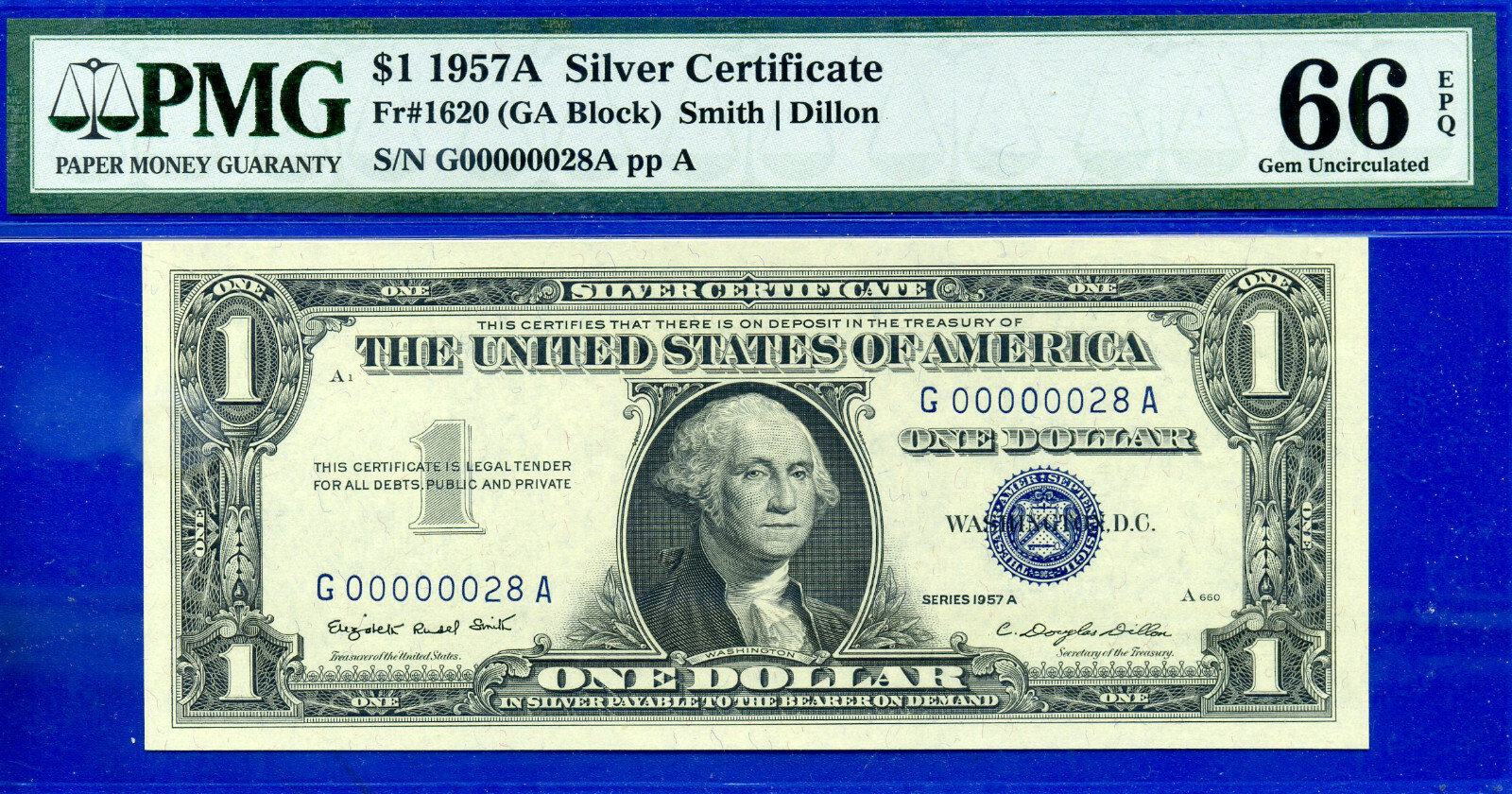 1957A $1 Silver Certificate PMG 66EPQ popular wanted Low Serial number ...