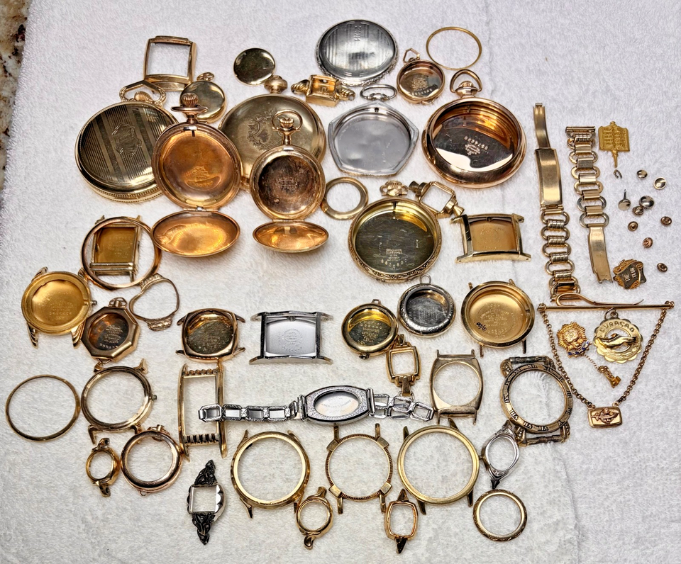 Gold Filled Pocket + wrist watch cases, 10k 12k 14k 18k scrap lot, 422 ...