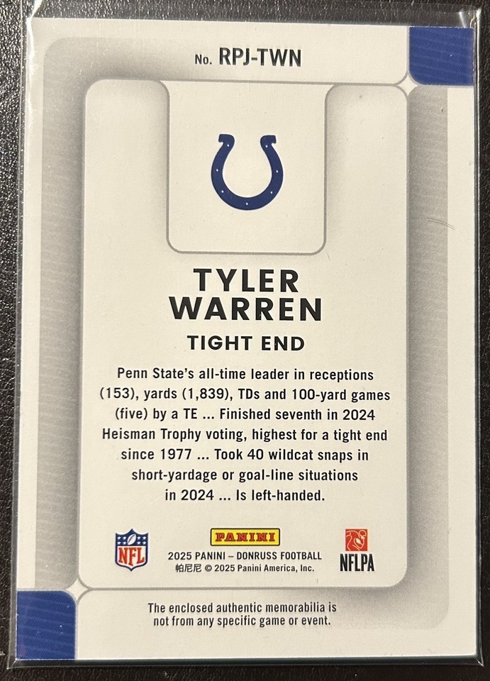 2025 Panini Donruss - Rookie Phenom Jerseys Tyler Warren #RPJ-TWN (MEM ...