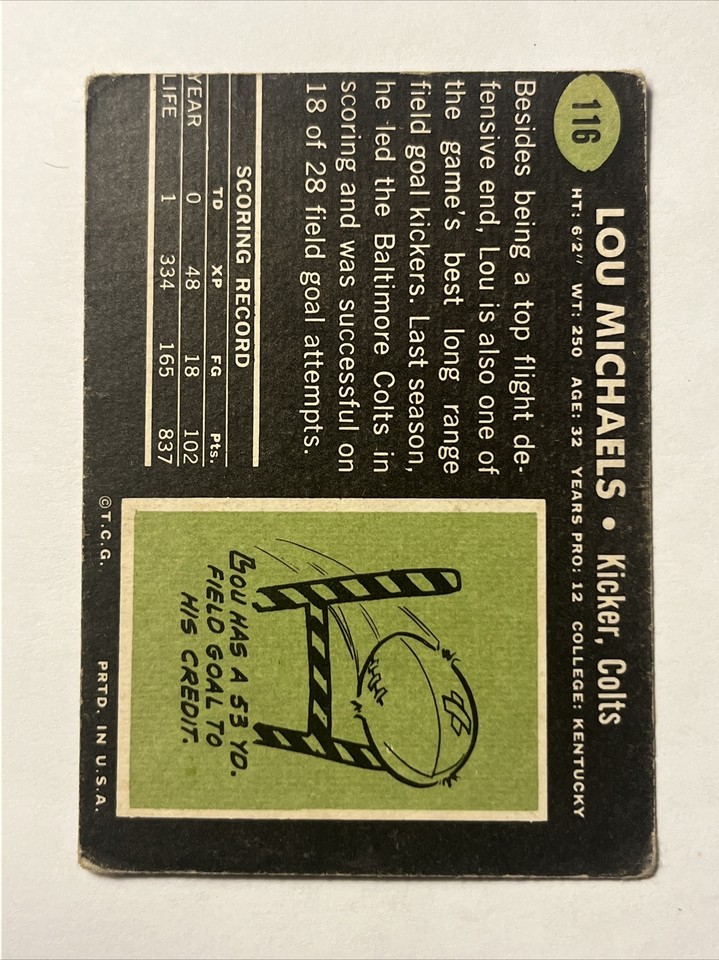 1969 Topps Football Lou Michaels Baltimore Colts #116 Vintage | eBay