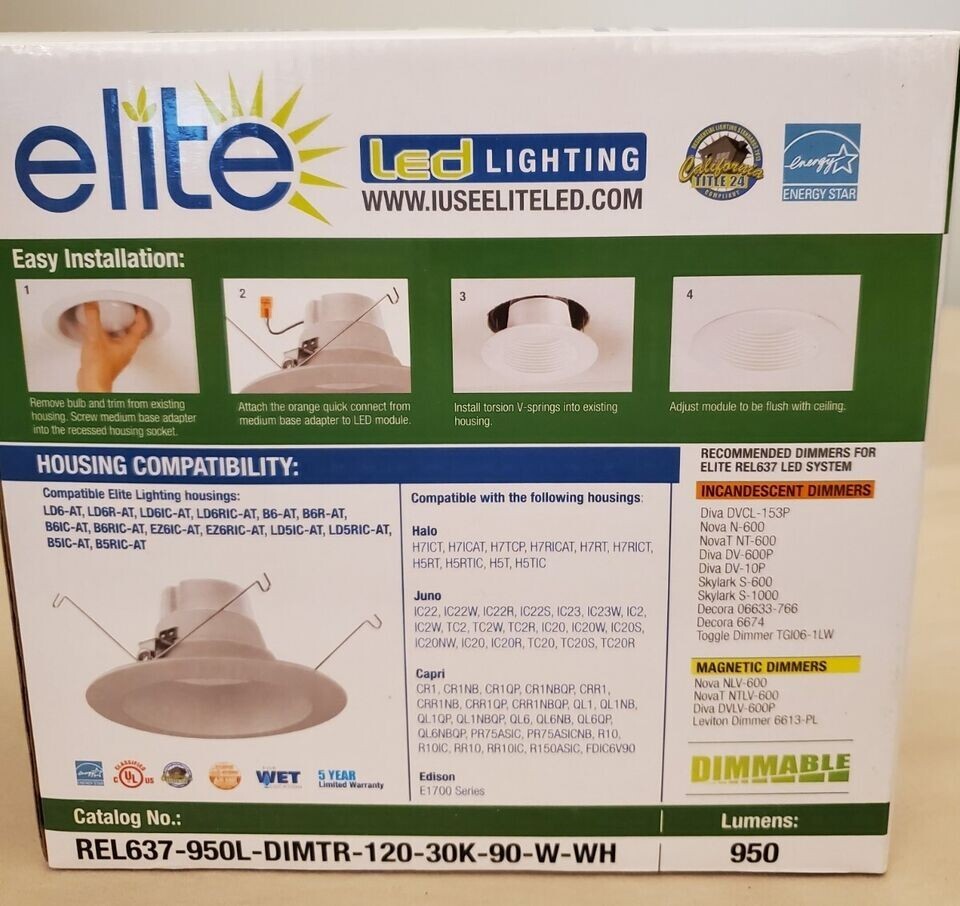 Elite REL637-950L-DIMTR-120-30K-90-W-WH 5/6" LED Retrofit Baffle Trim | eBay