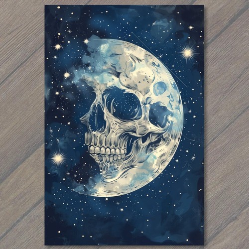 11x17" Skull in the Moon Stars Space Dark Man Weird Strange Unusual ...