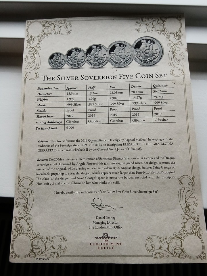 2019 .999 Worlds First Pure Silver Sovereign Five Coin Proof Set Boxed ...