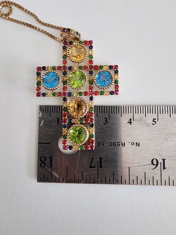14K Solid Gold Multi-Colored Gemstone Cross Pendant Necklace-12.59 ...