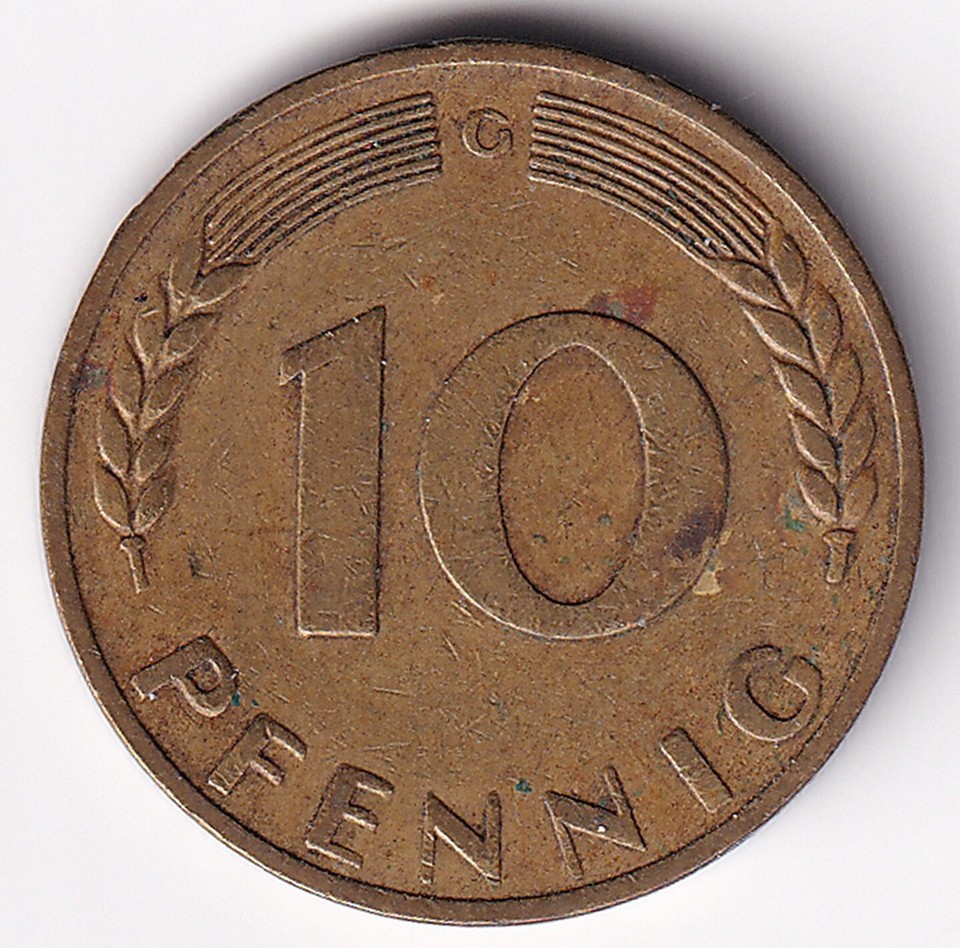 GERMANY 1950 10 penning - KM#108 -oak seedling -brass clad steel R ...