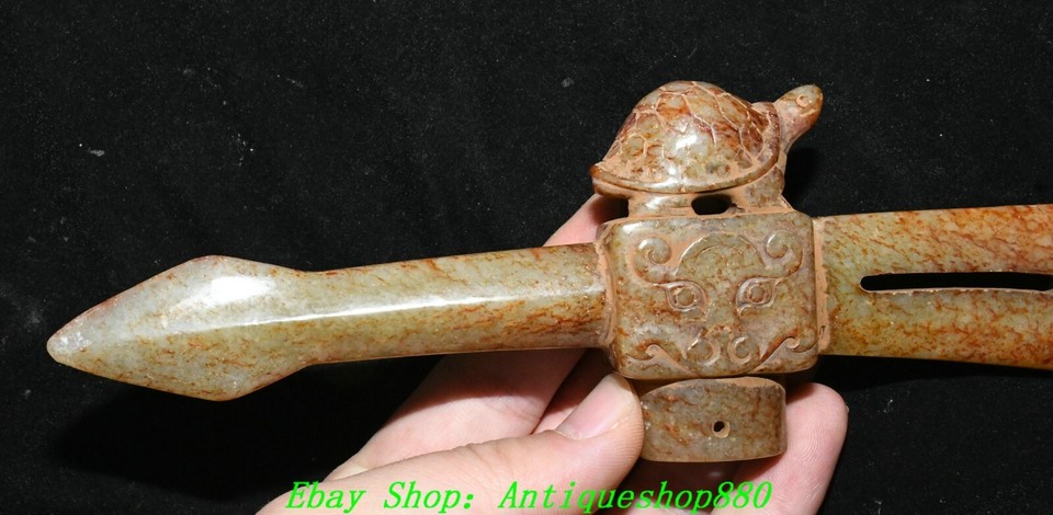 8.2''Old Han Dynasty Hetian Jade Carving Beast Face Turtle Sword ...