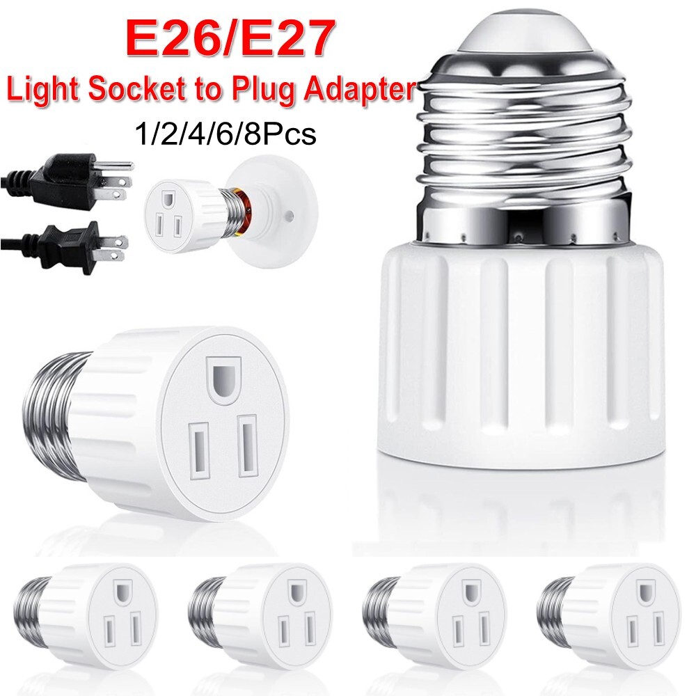 1-8Pcs E26/E27 Light Socket to Plug Adapter 2/3 Prong Light Bulb Outlet ...