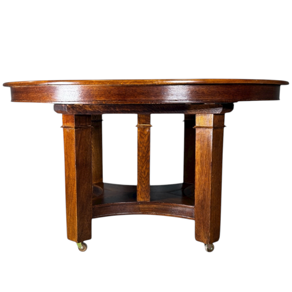 Antique Round Oak Dining Table w/ Story Book Panel Base - Mission Style ...