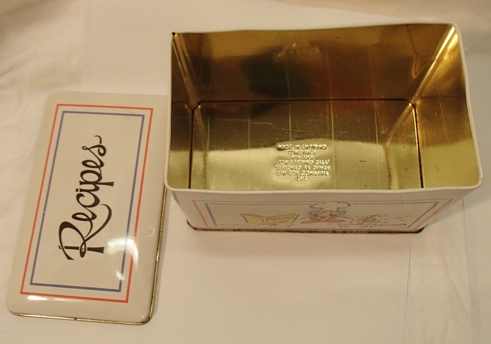 Vintage 1982 Metal Covered Recipe Notecard Tin Box Chef Cartoon Brian ...