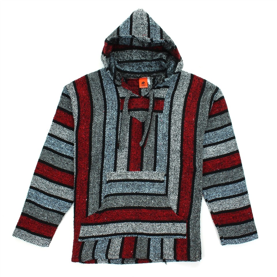 Recycled Mexican Baja Jerga Hoody Drug Rug Pullover Hoodie Red White ...