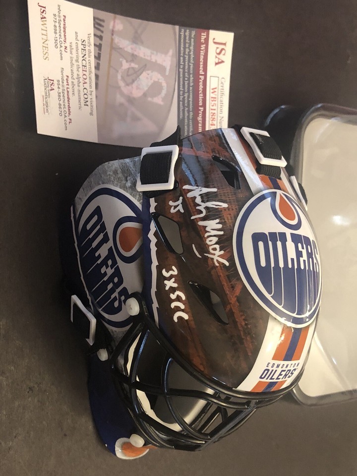 JSA ANDY MOOG “3X SCC” AUTOGRAPHED EDMONTON OILERS SIGNED MINI GOALIE ...