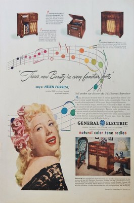 1947 General Electric radios Vintage ad Helen Forrest natural color ...