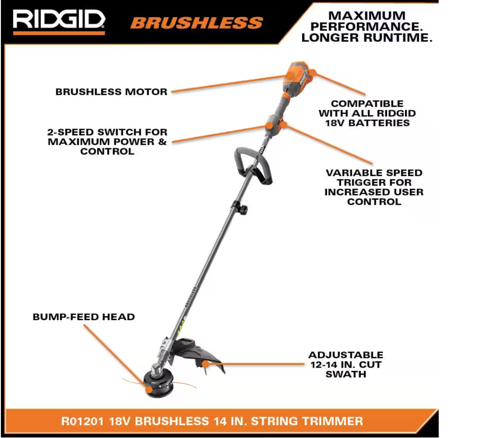 RIDGID R01201B 18V 14'' Brushless Cordless Battery String Trimmer (Tool ...