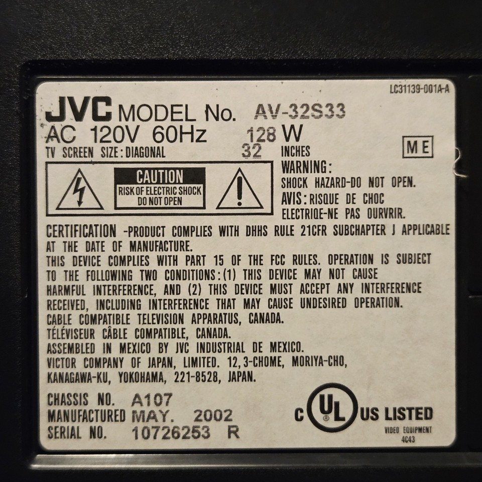 JVC CRT TV 32" AV-32S33 Component Input Curved Screen OEM Remote Retro ...